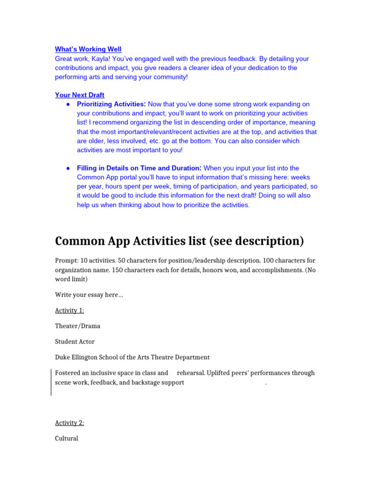 Kayla Parker - Common App Activities List (See Description) - Draft 2 ...