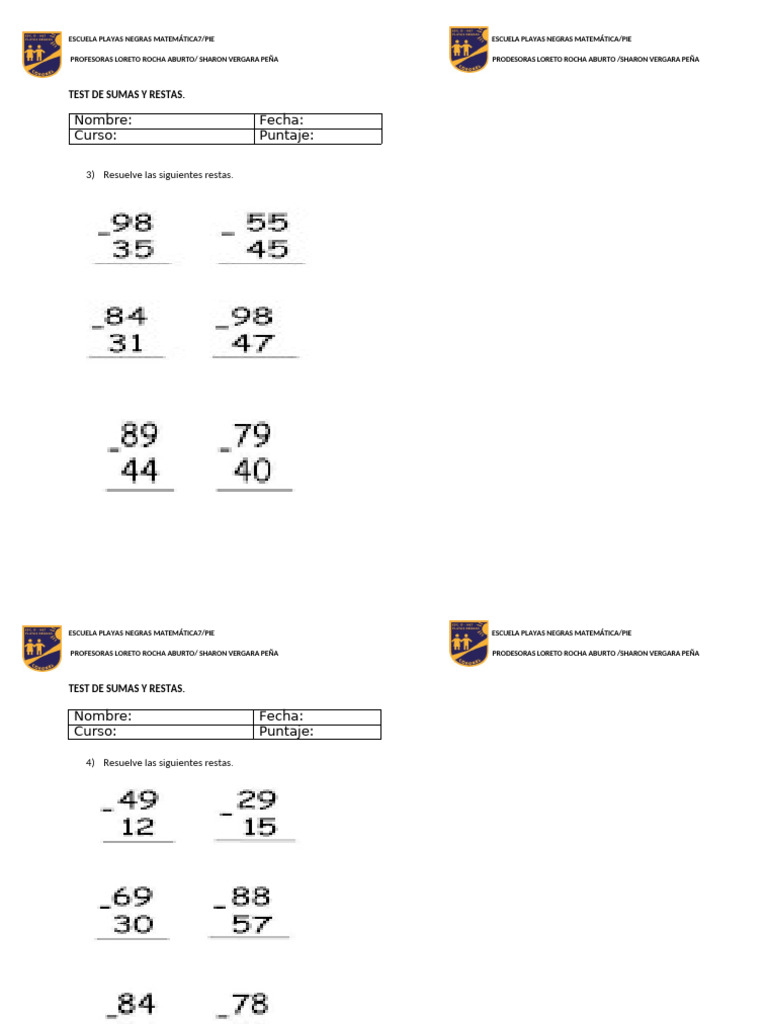 Test de Sumas y Restas Matemáticas | PDF
