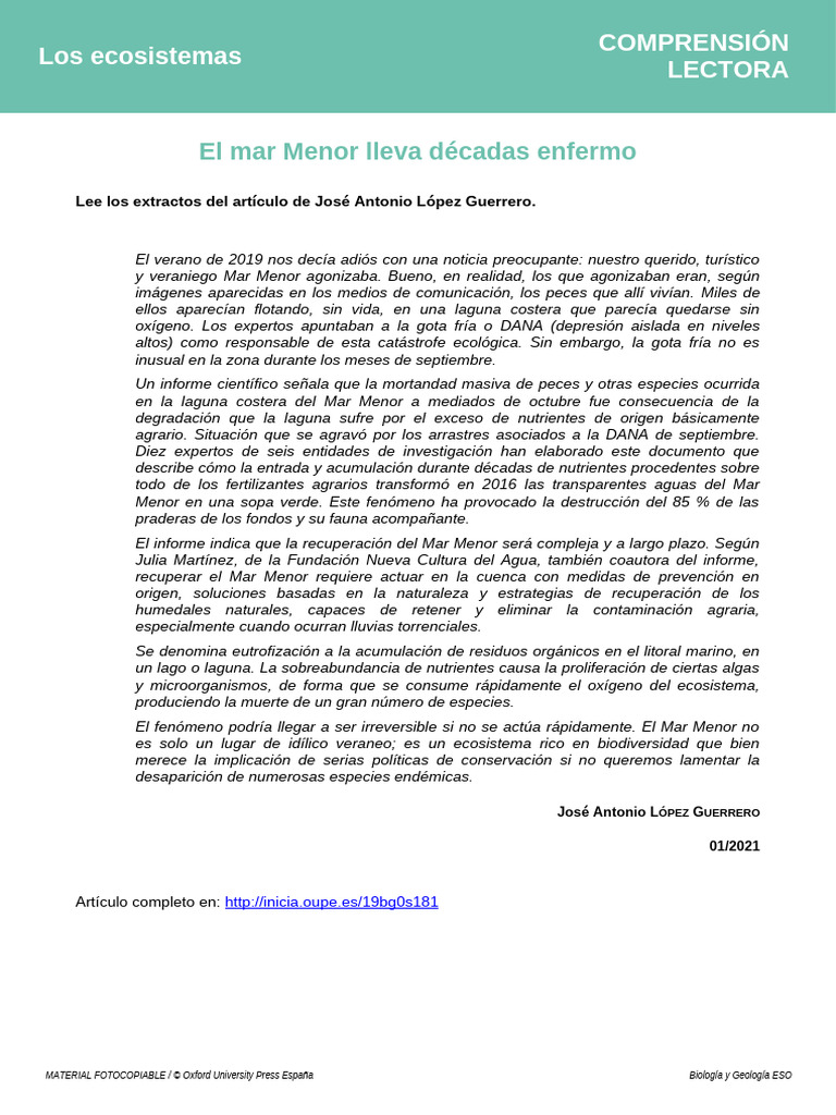 Ecosistemas Comp Lect Sol Mar Menor Lleva Decadas | PDF | Eutrofización | Ciencias de la Tierra