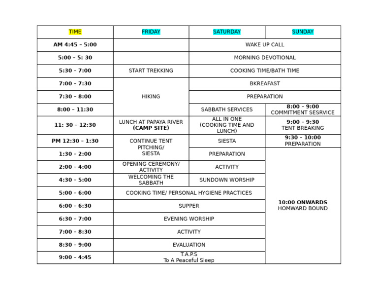 Weekend Camping Schedule Overview | PDF