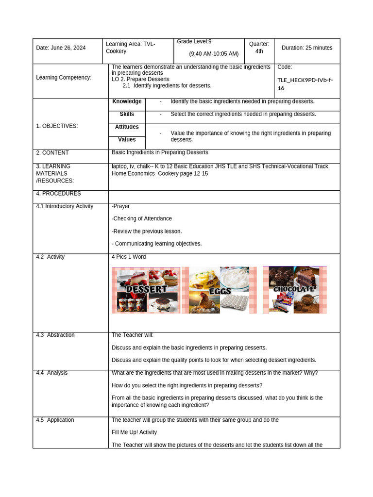 Lesson - Plan - Prepare Desserts | PDF | Lesson Plan | Learning