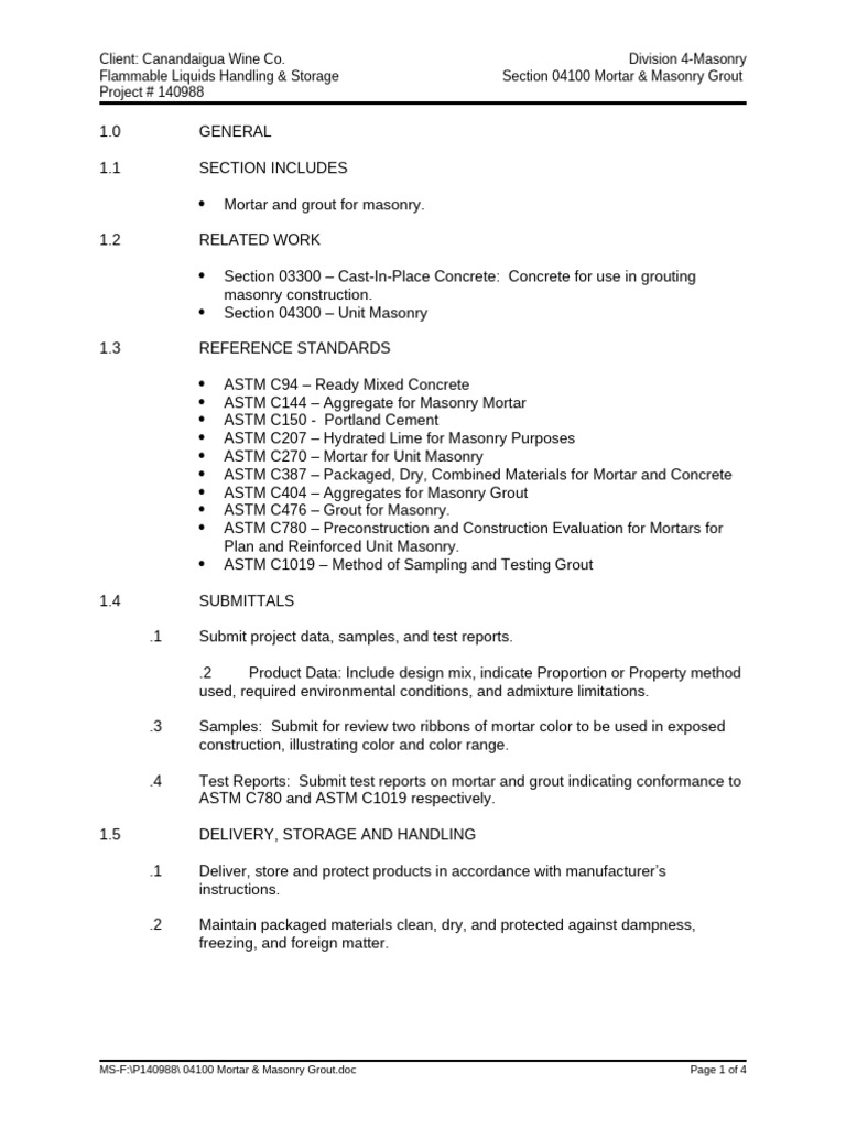 Masonry Mortar & Grout Specifications | PDF | Mortar (Masonry) | Concrete