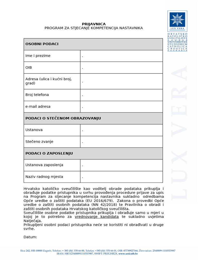 Prijavnica Program Za Stjecanje Kompetencija Nastavnika 1 | PDF