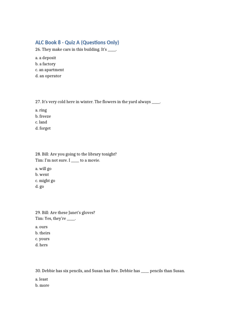 ALC Book 8 Quiz A Questions | PDF