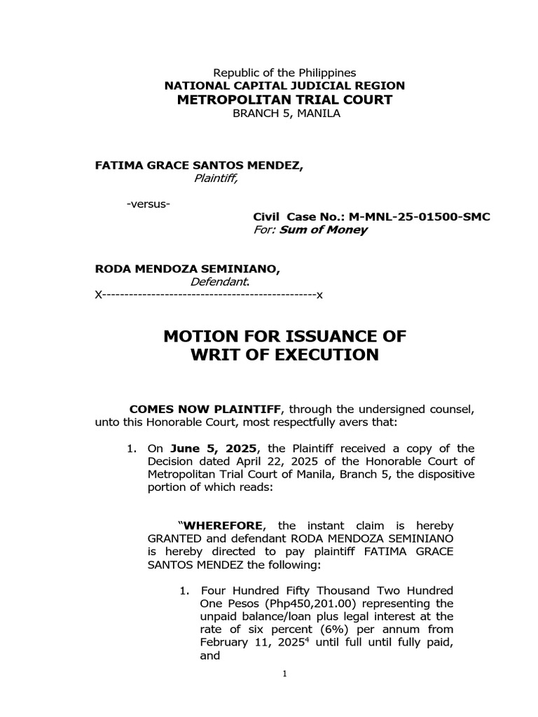 Motion For Issuance of Writ of Execution | PDF | Lawsuit | Common Law