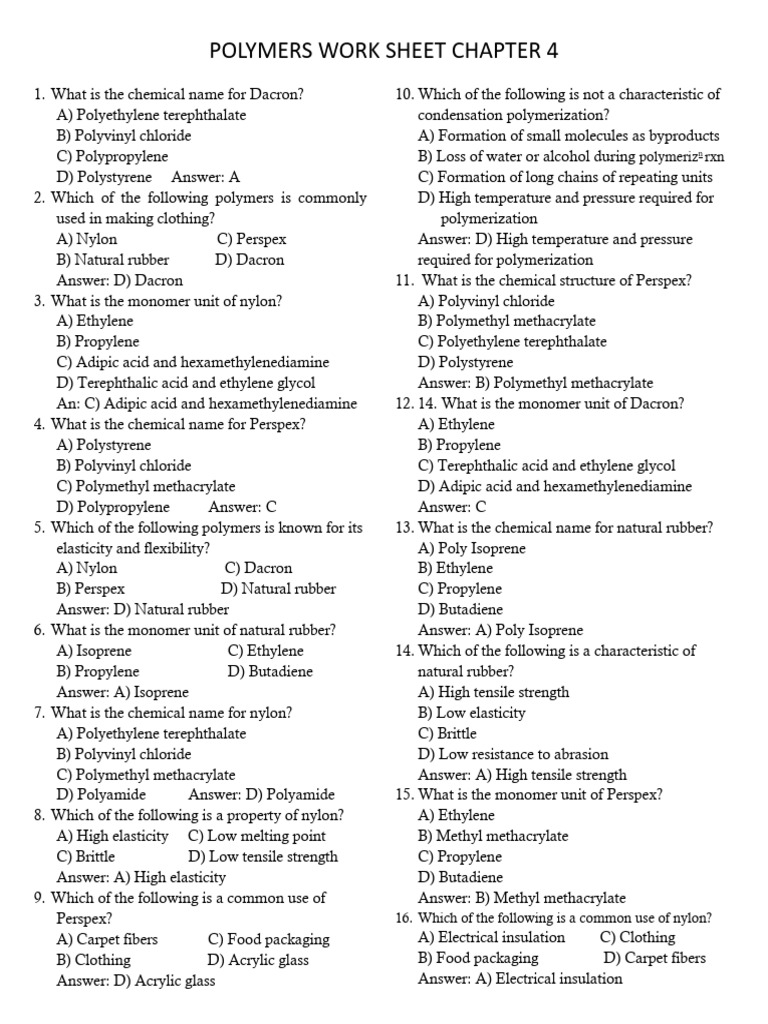 Polymers Worksheet: Key Concepts & Questions | PDF | Polymerization ...