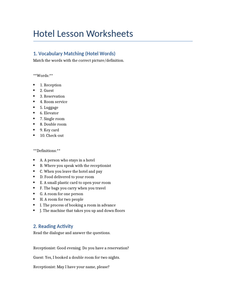 Hotel Lesson Worksheets | PDF