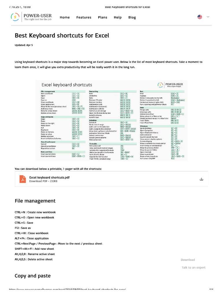 Best Keyboard Shortcuts For Excel | PDF