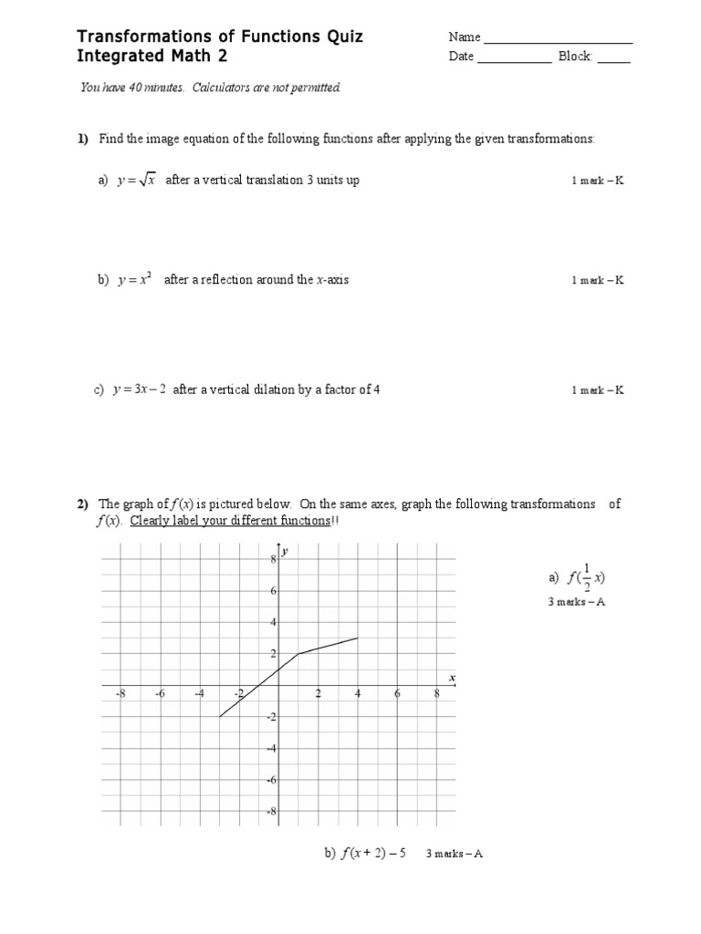 QUIZ - Transformations - Jan 2012 | PDF | Equations | Teaching Mathematics