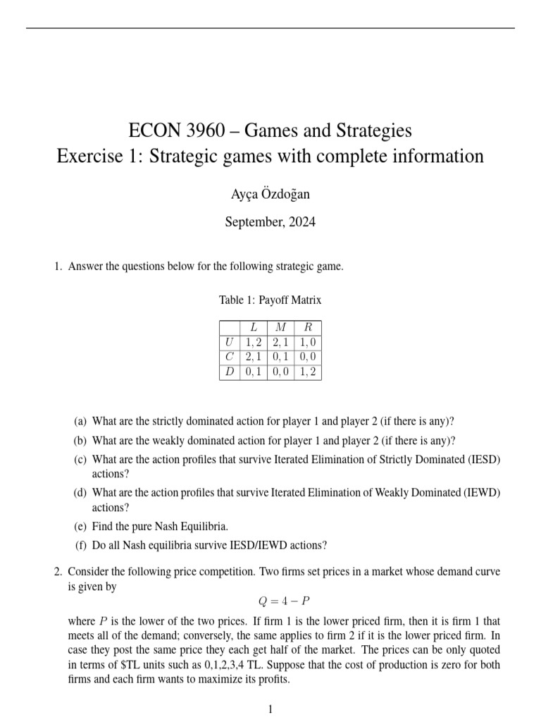 Games Strategies Exercise1 Fall2024 Answerkey.pdf | PDF | Economic Equilibrium | Game Theory