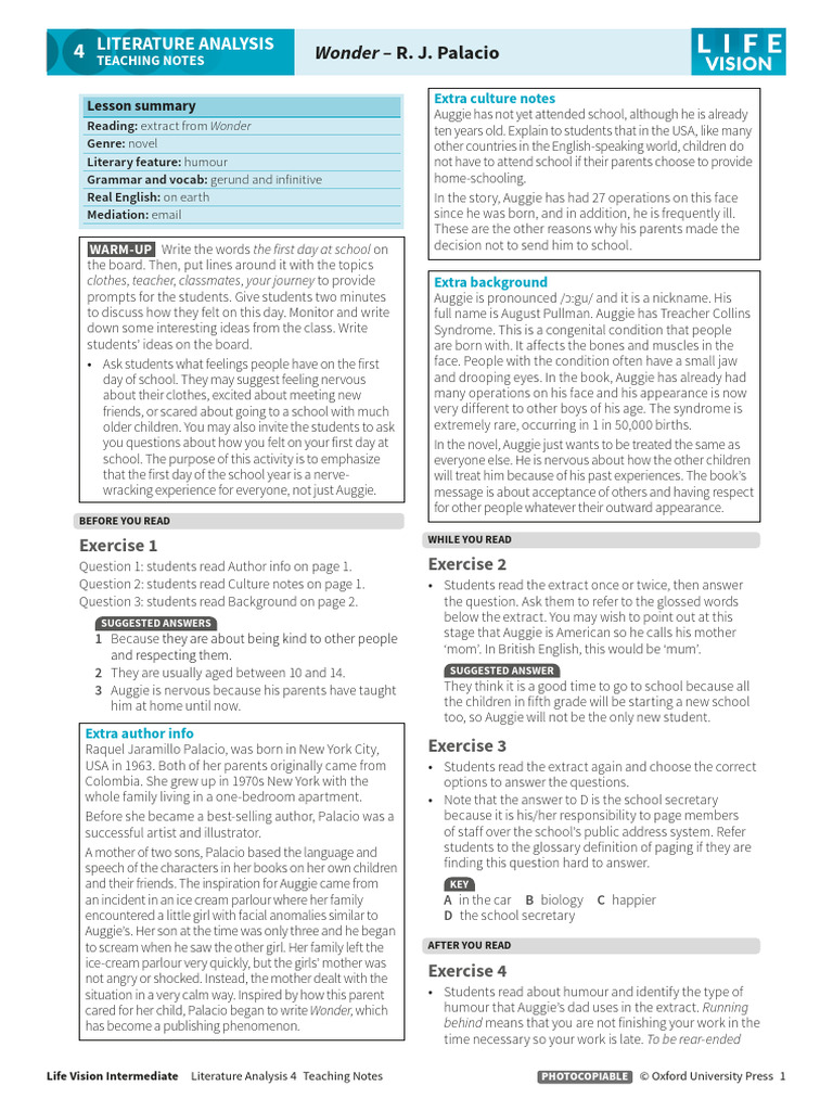 Teaching Notes for "Wonder" Analysis | PDF | English Language | Linguistics