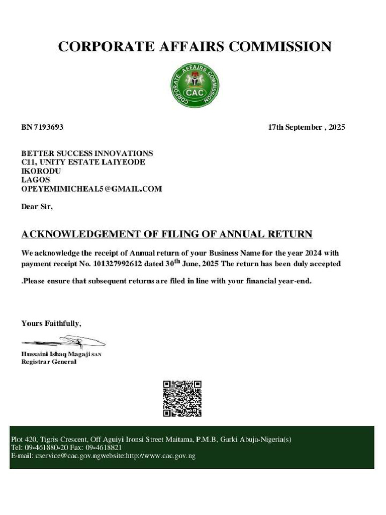 Letter of Annual Return | PDF