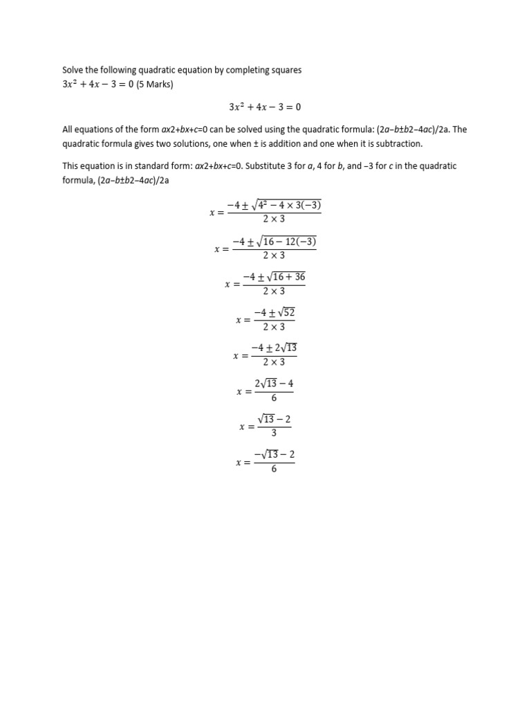 Solve The Following Quadratic Equation by Completing Squares | PDF