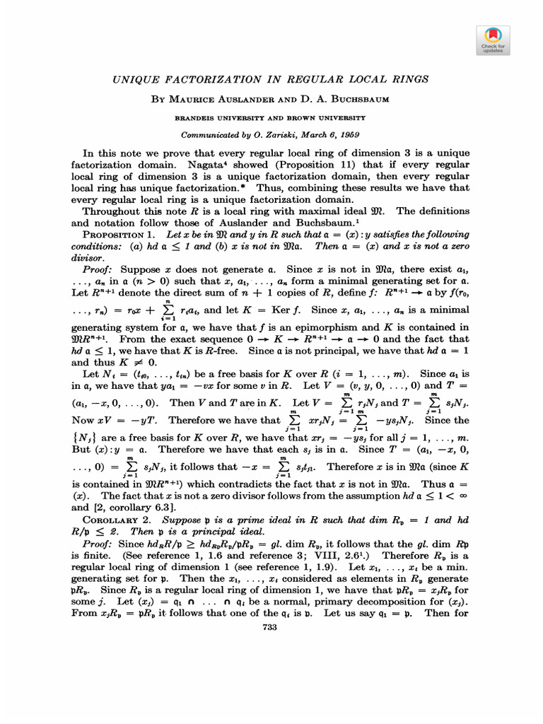Auslander Buchsbaum 1959 Unique Factorization in Regular Local Rings | PDF | Ring (Mathematics ...