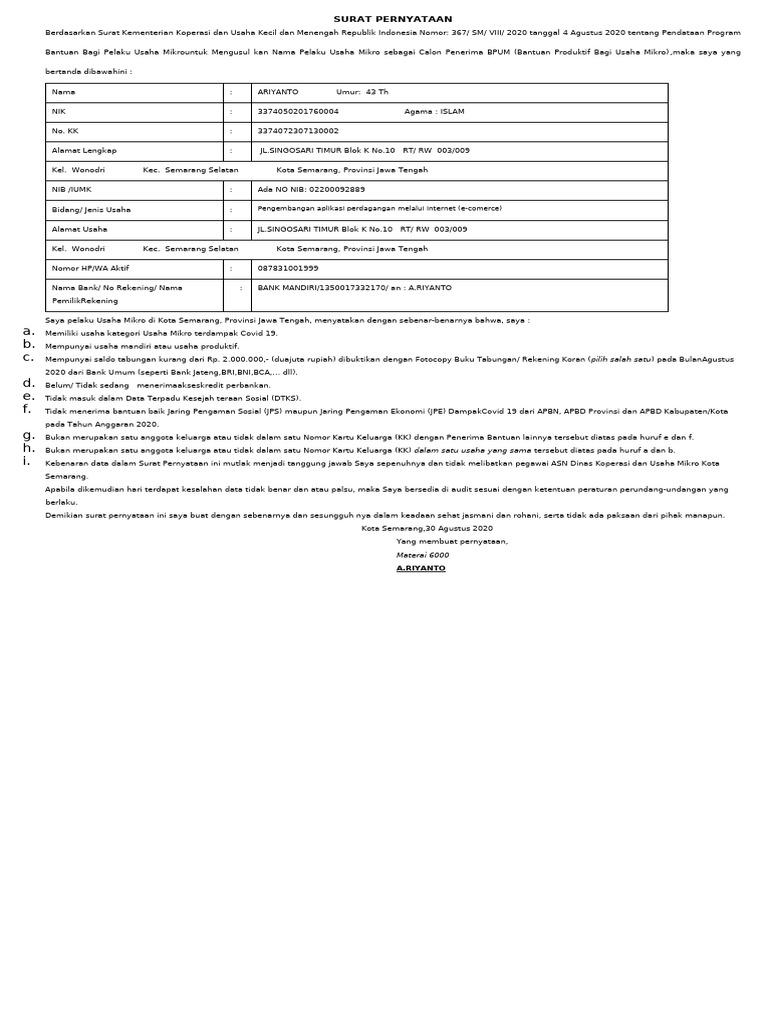Surat Pernyataan Ariyanto Umkkm | PDF