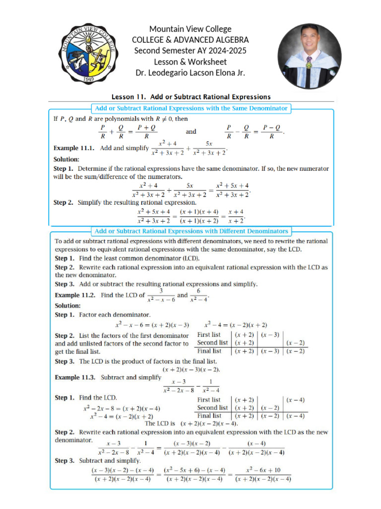 2024 2025 Lesson 11 Addition and Subtraction of Rational Expressions | PDF