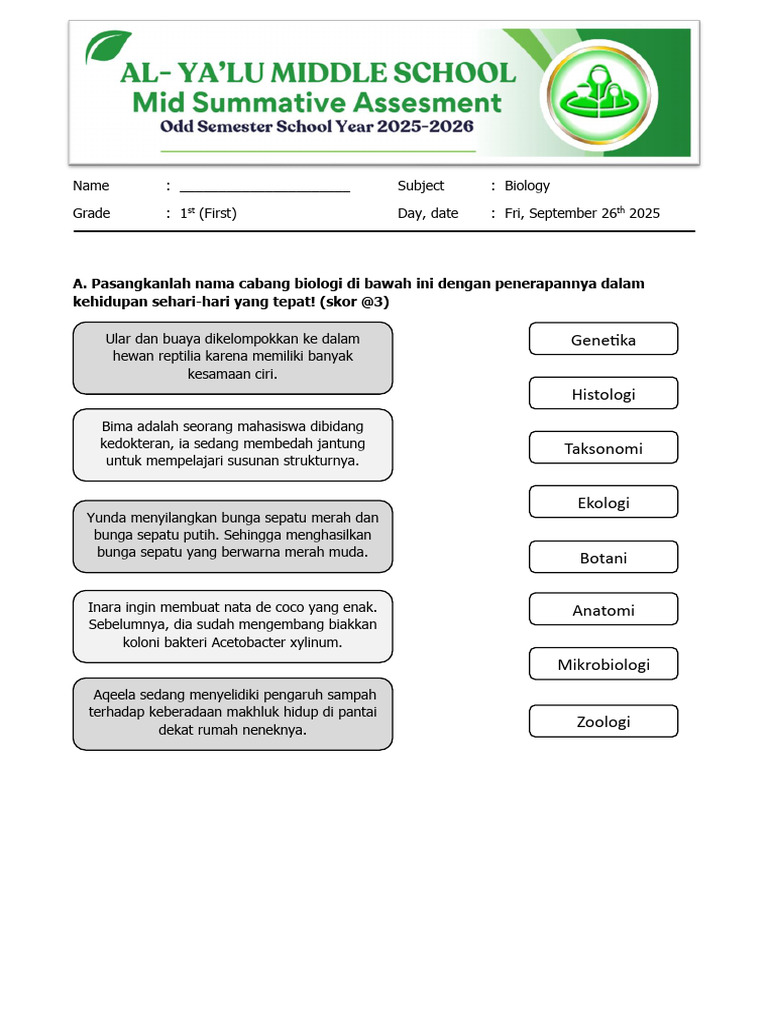 Soal ASTS Biologi Kelas 7 2025-2026 | PDF