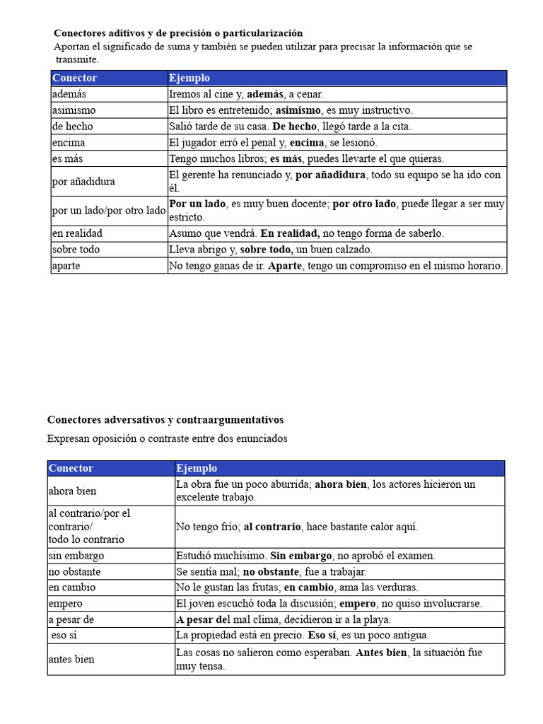 Conectores en lengua: Tipos y ejemplos | PDF