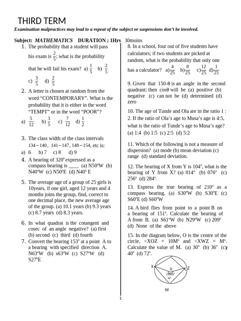 SS2 Third Term Mathematics Examination | PDF