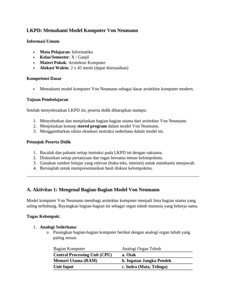LKPD Memahami Model Komputer Von Neumann | PDF