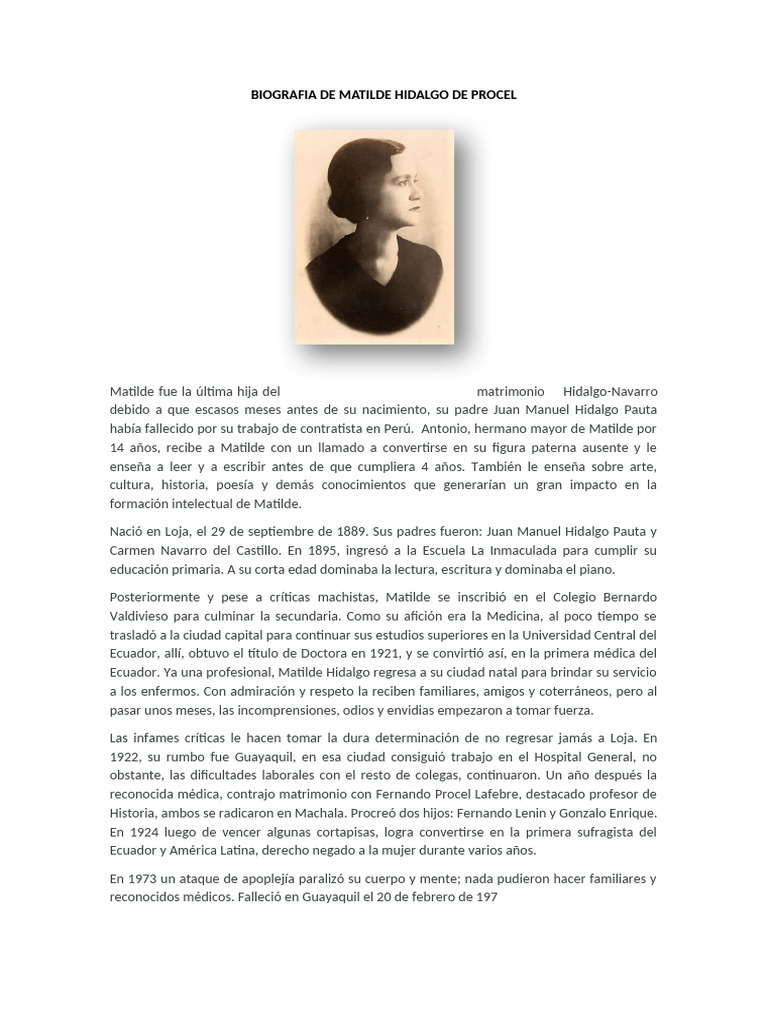 Biografia de Matilde Hidalgo de Procel | PDF