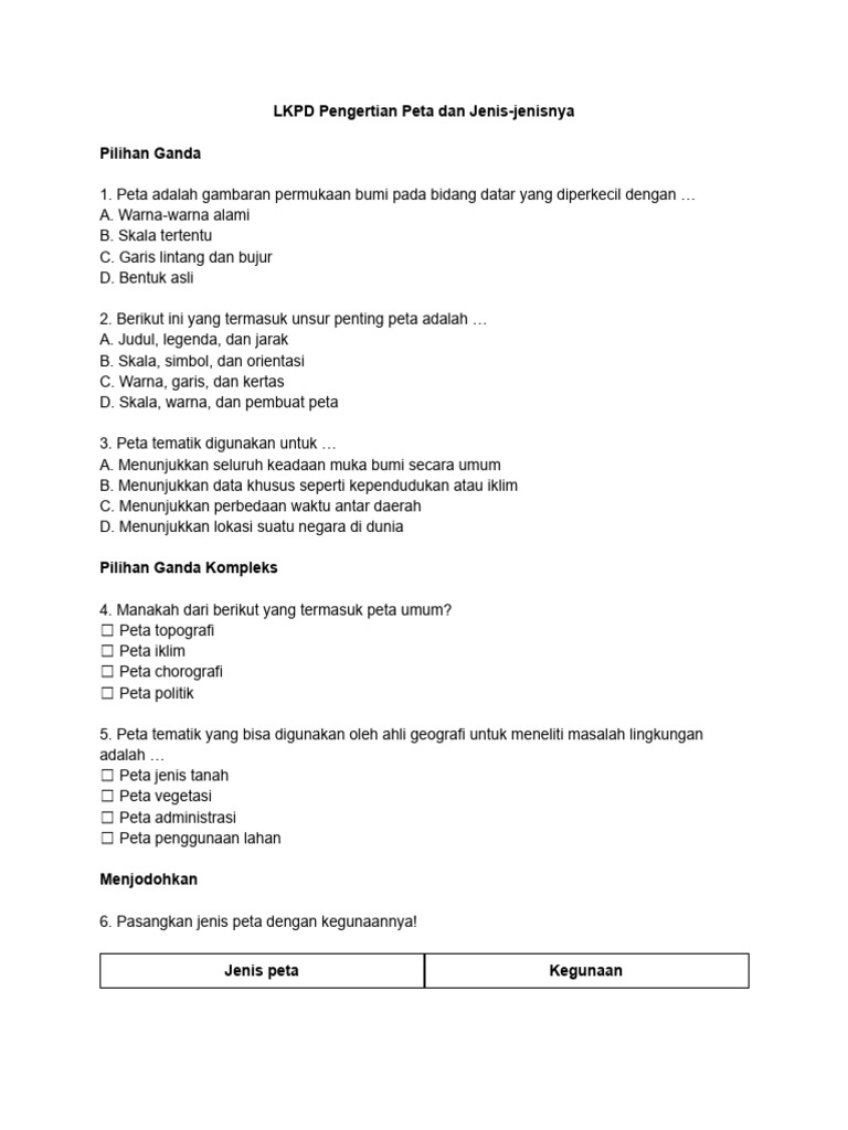 LKPD Pengertian Peta Dan Jenis-Jenisnya | PDF