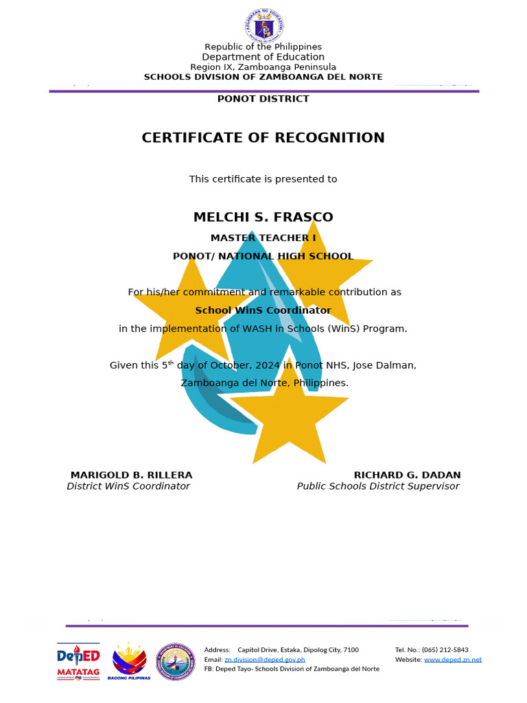 Certificate of Recognition for Melchi Frasco | PDF