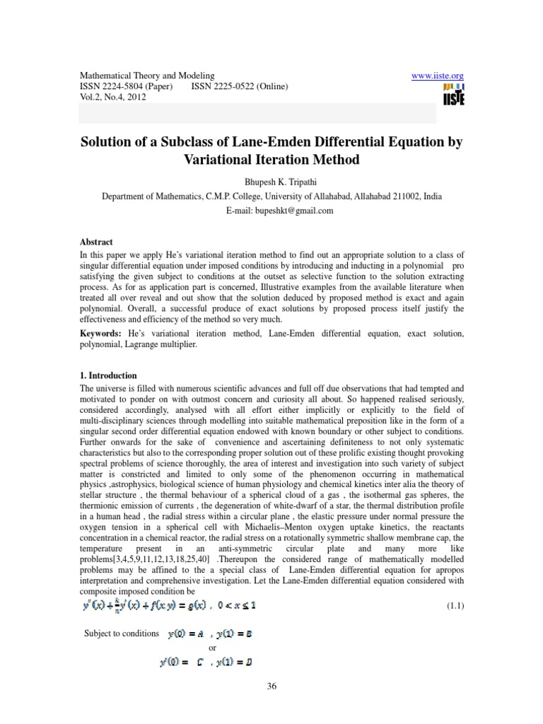 (36-49) Solution of A Subclass of Lane Emden Differential Equation by Variational Iteration ...