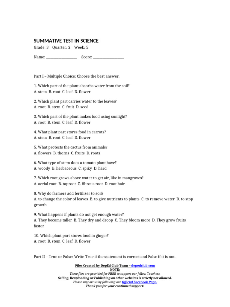Grade 3 Science Summative Test | PDF | Root | Plants