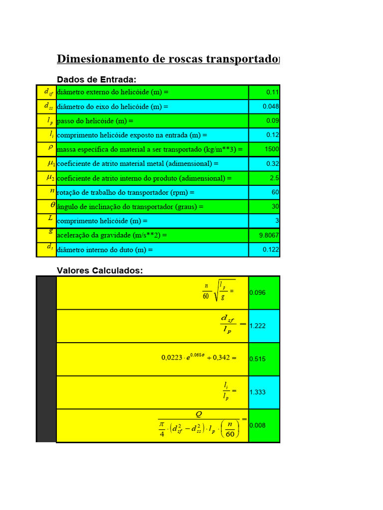 Calculo Rosca Transportadora | PDF | Potência (Física) | Engenharia ...