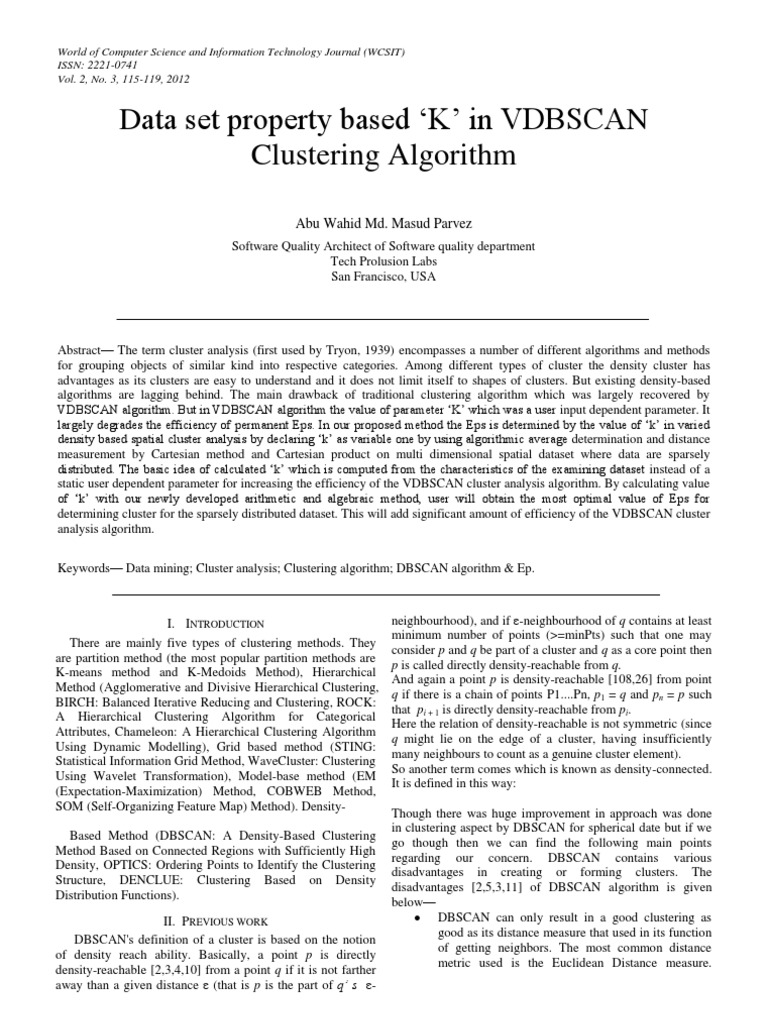 Data Set Property Based K' in VDBSCAN Clustering Algorithm | PDF | Cluster Analysis | Applied ...