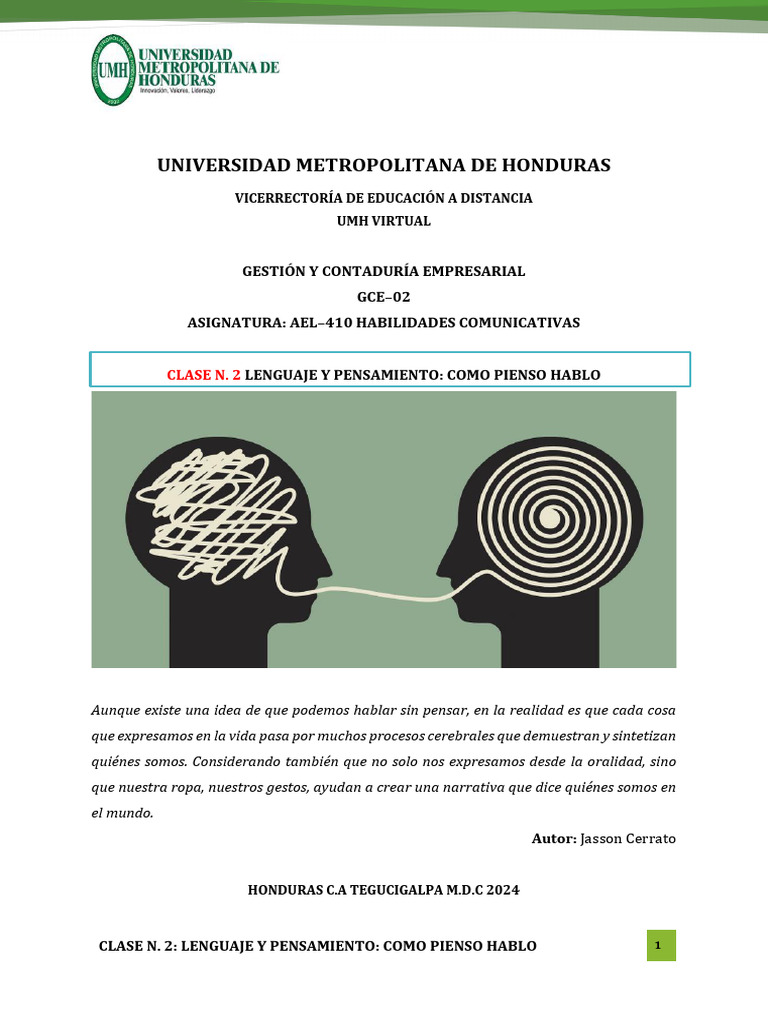Clase N. 2 Lenguaje y Pensamiento Como Pienso Hablo | PDF | Pensamiento ...