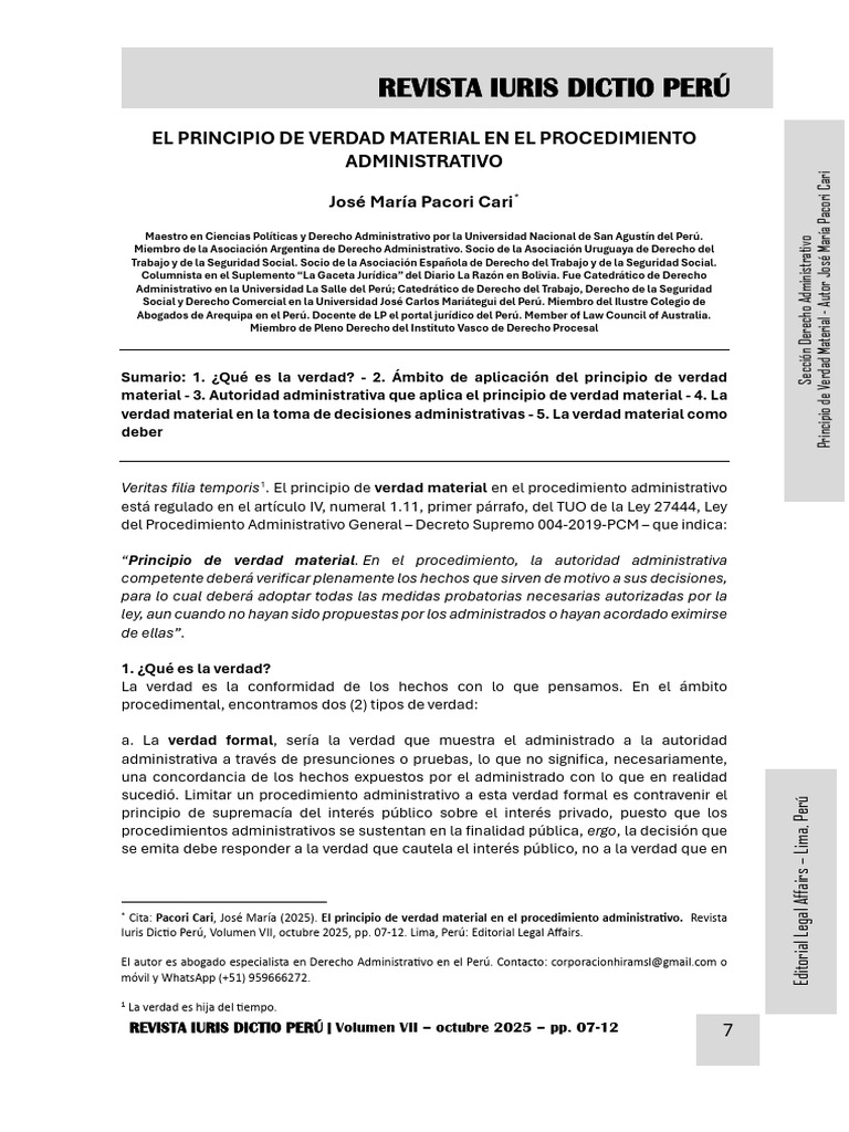 EL PRINCIPIO DE VERDAD MATERIAL EN EL PROCEDIMIENTO ADMINISTRATIVO - AUTOR JOSÉ MARÍA PACORI ...