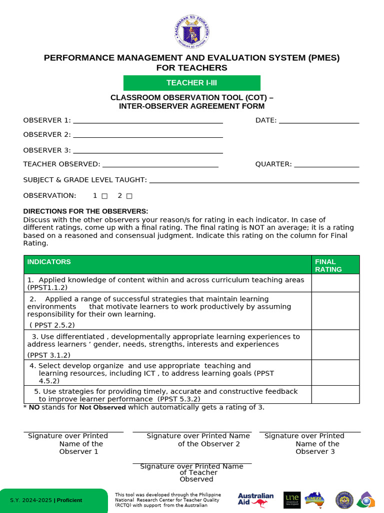 Annex C-4_COT Inter-Observer Agreement Form for Proficient Teacher for SY 2024-2025 (1) | PDF ...