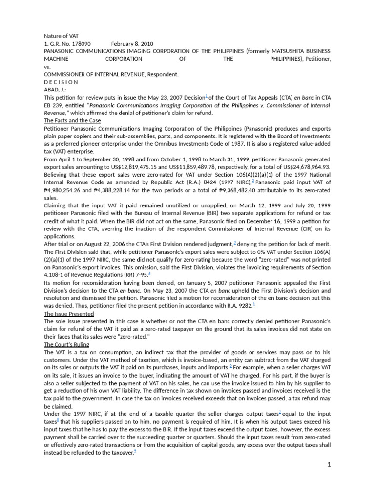 VAT Refund Denial Case: Panasonic vs. BIR | PDF | Invoice | Value Added Tax