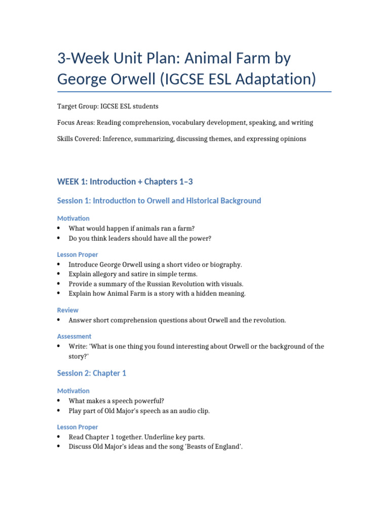 IGCSE ESL Unit Plan: Animal Farm | PDF | Reading Comprehension