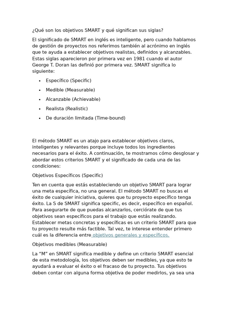 Significado y uso de objetivos SMART | PDF