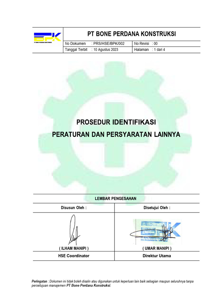 PRS-HSE-BPK-002 Identifikasi Peraturan Dan Persyaratan | PDF