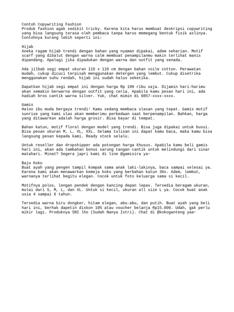 Contoh Copywriting Fashion | PDF