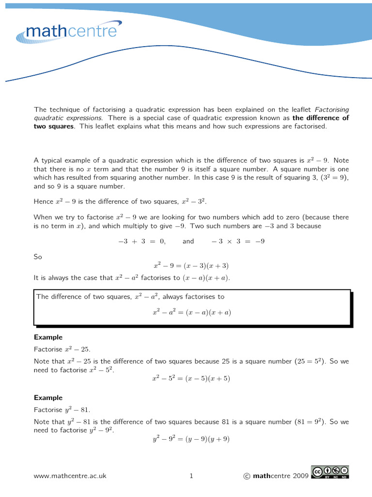 Factorising Difference of Two Squares | PDF | Mathematics | Elementary ...