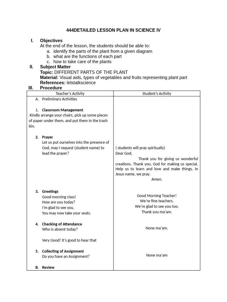 Lesson Plan: Plant Parts & Care | PDF | Lesson Plan