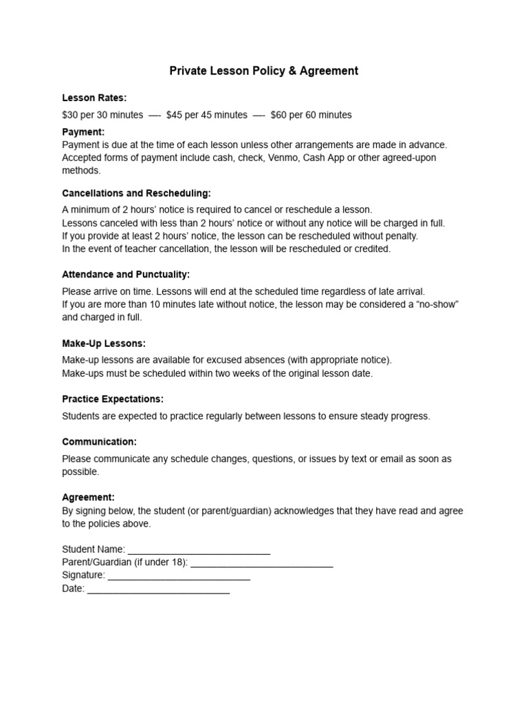 Private Lesson Policy & Agreement | PDF