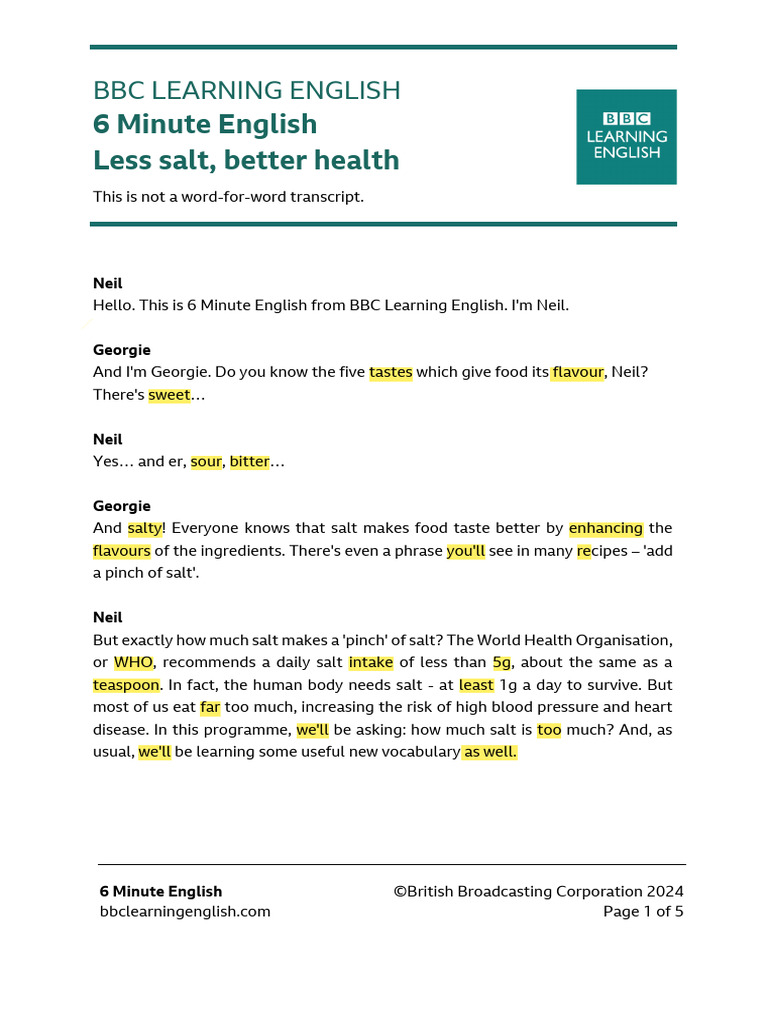 6 Minute English Less Salt Better Health | PDF | Salt | Taste