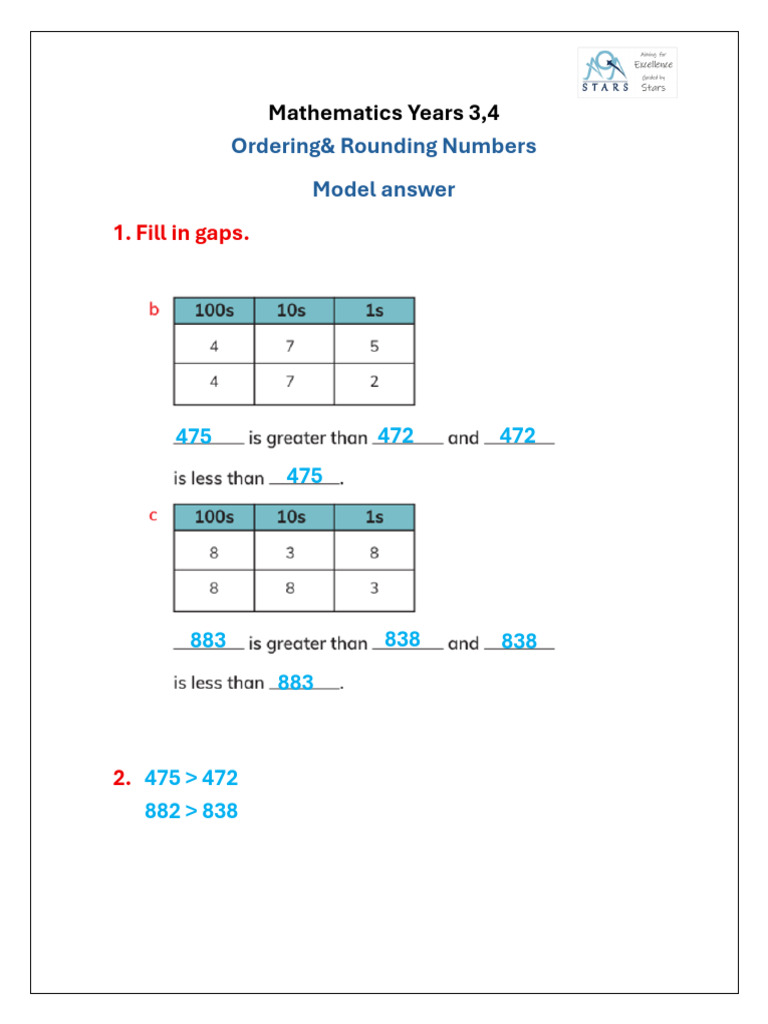 Years 3,4-Ordering & Rounding Numbers - Model Answer | PDF