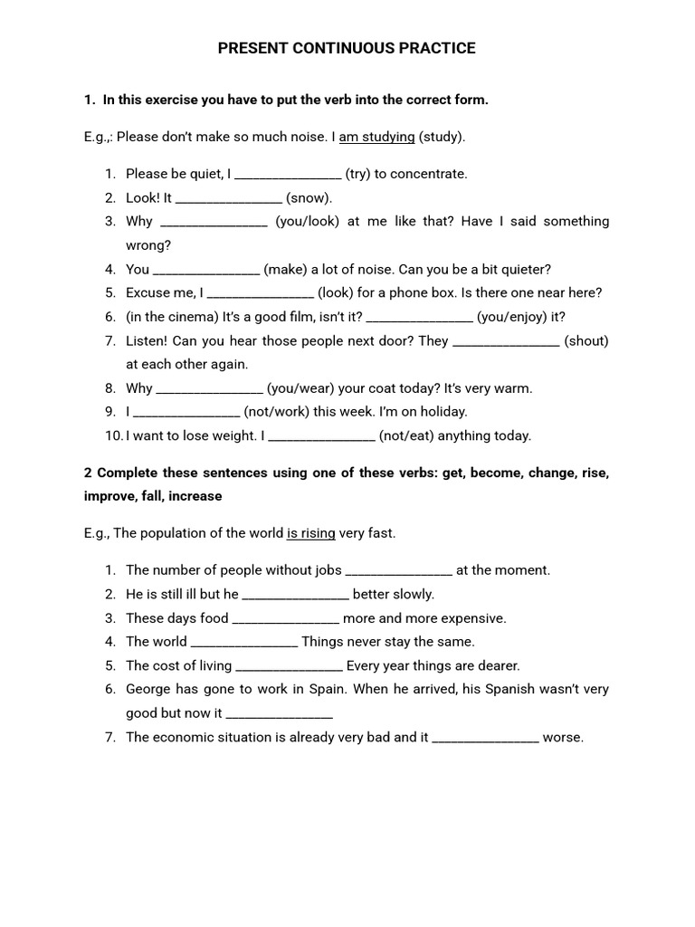 Present Continuous Verb Practice Exercises | PDF
