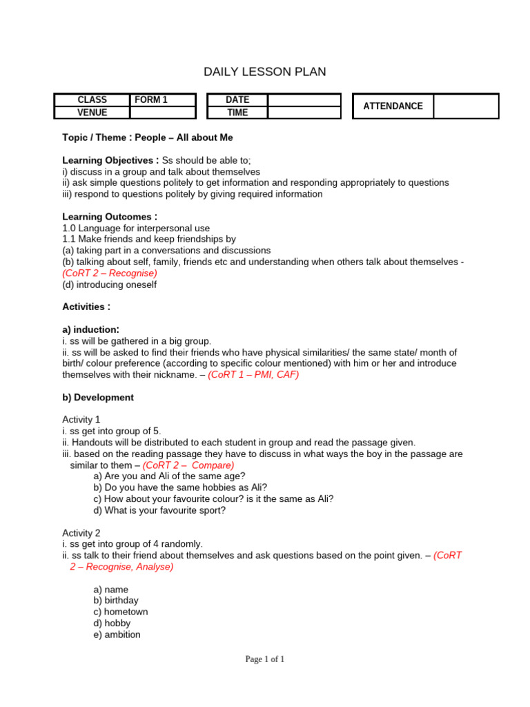 Form 1 Daily Lesson Plans Overview | PDF | Lesson Plan | Essays