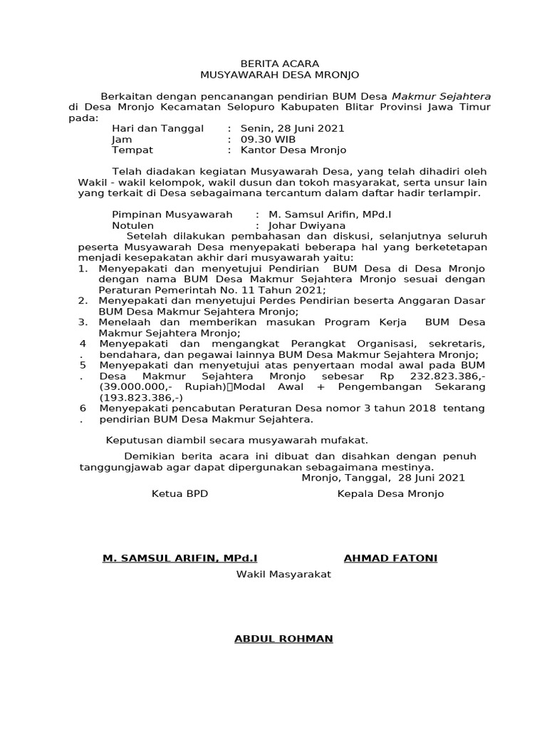 Pendirian BUM Desa Makmur Sejahtera Mronjo | PDF
