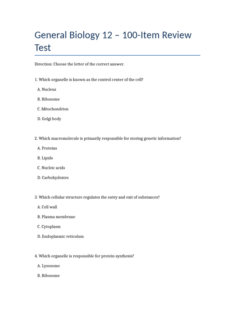 General Biology 12 Review Quiz | PDF | Genetics | Meiosis