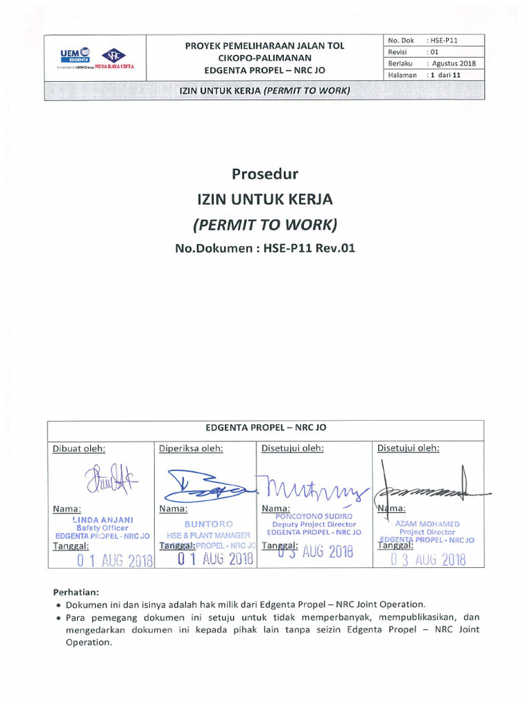 HSE-P011 Rev 01 - Izin Untuk Kerja (Permit To Work) | PDF