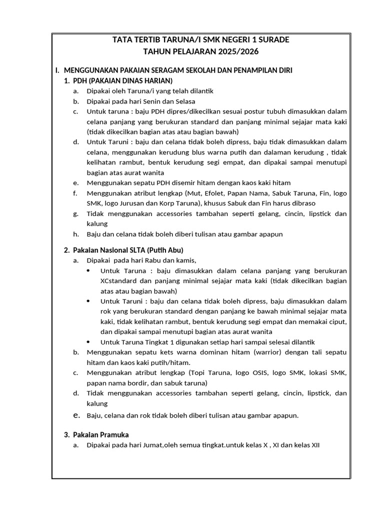Tata Tertib Seragam SMK Negeri 1 Surade | PDF